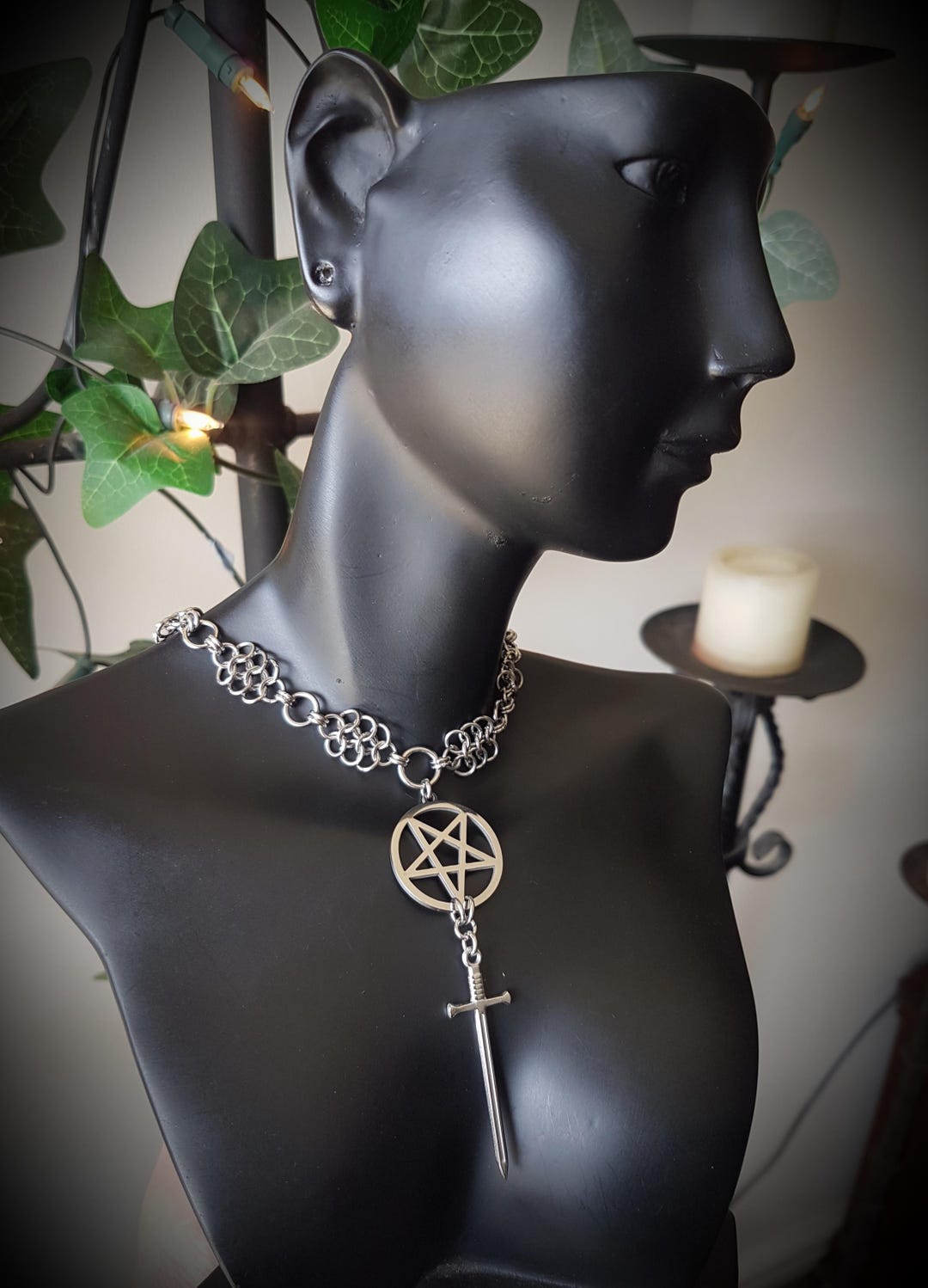 Inverted Pentacle & Sword Chainmaille Choker - Stainless Steel ...