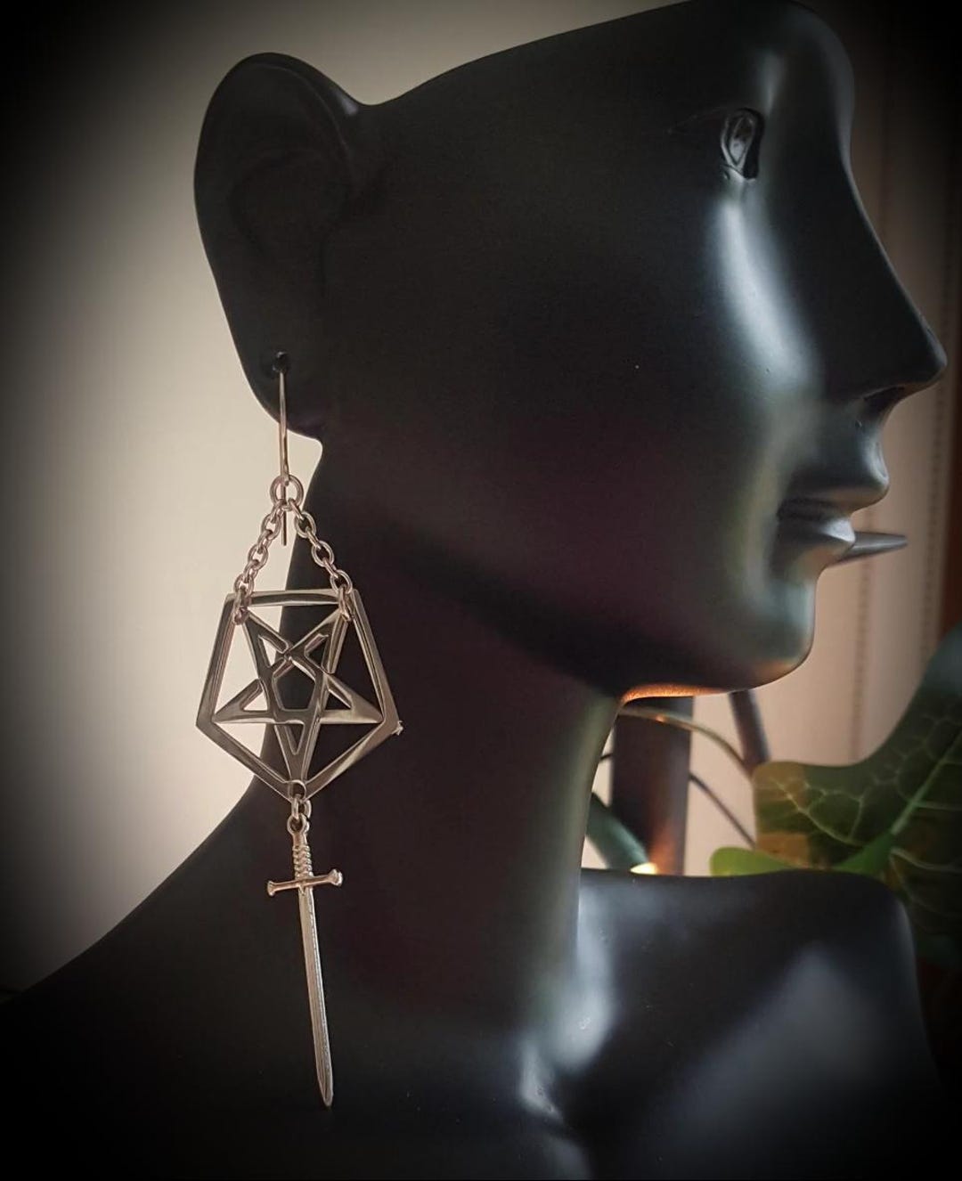 Large Inverted Pentagram and Medieval Sword Pendant Earrings ...