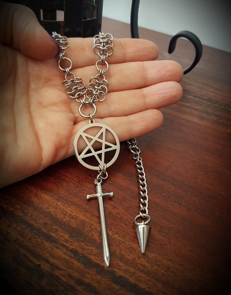 Inverted Pentacle & Sword Chainmaille Choker - Stainless Steel ...