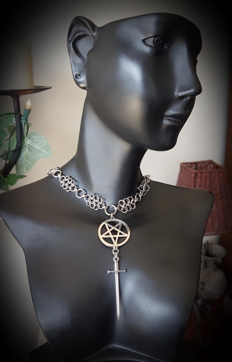 Inverted Pentacle & Sword Chainmaille Choker - Stainless Steel ...
