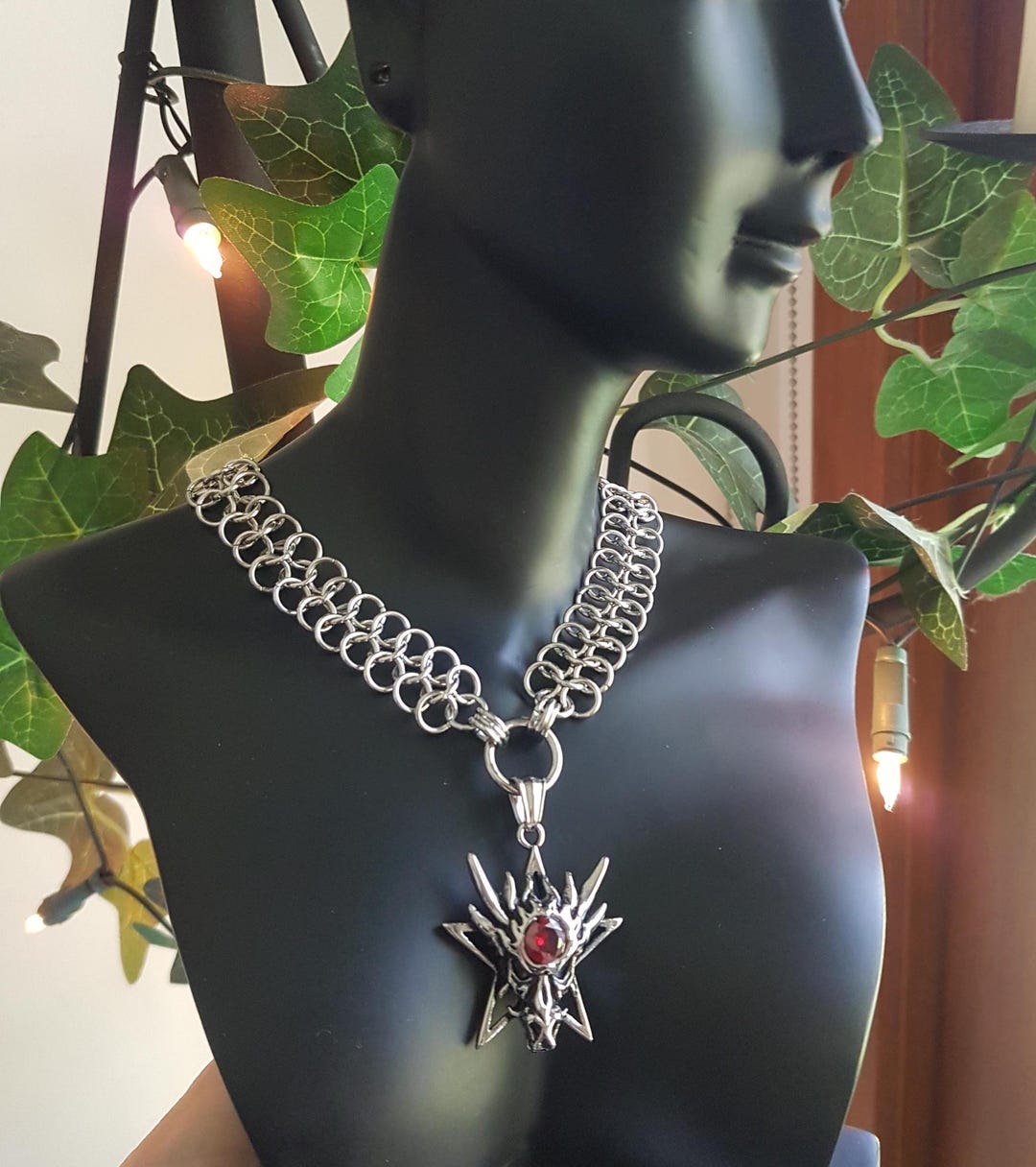 Dragon Pentagram Chainmaille Necklace, Medieval Witchy Red Jewel ...