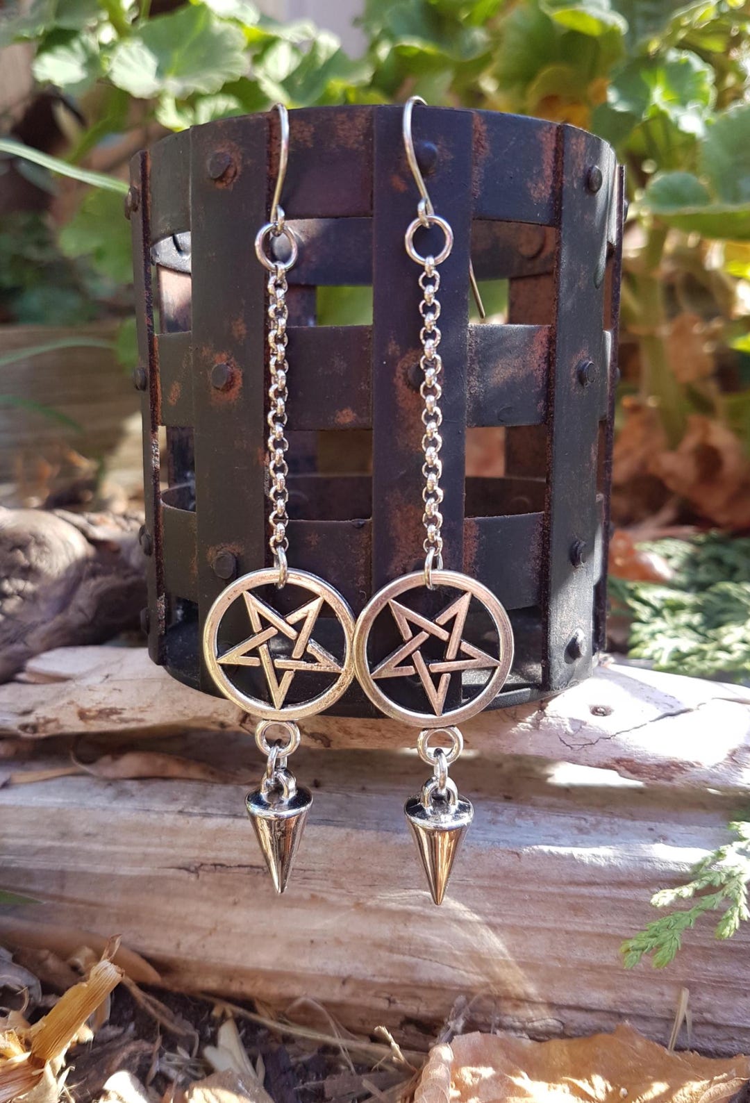 Inverted Pentagram and Spike Earrings, Long Chain Drops, Goth, Satanic ...