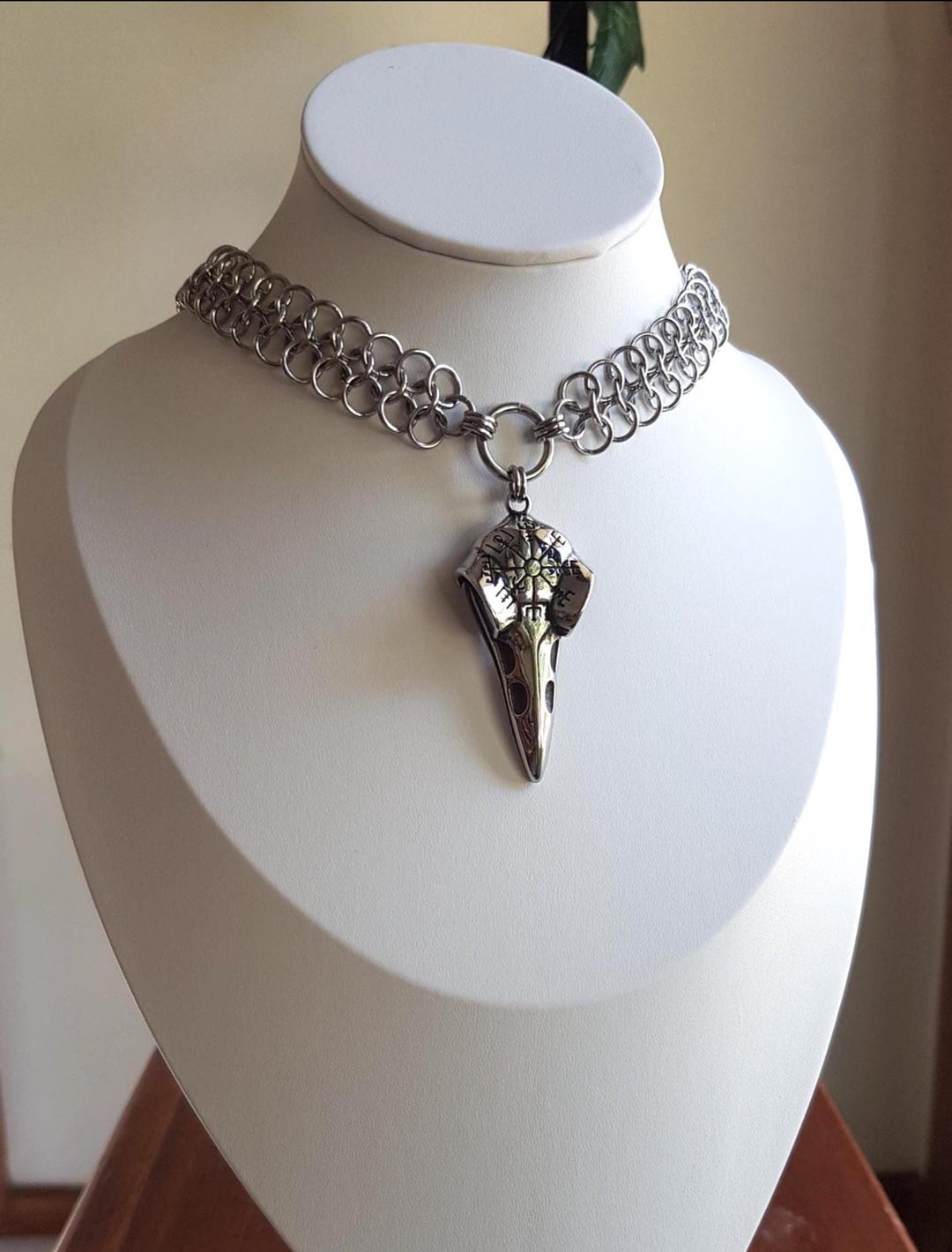 Engraved Raven Skull Chainmaille Necklace, Icelandic Vegvisir Stave ...