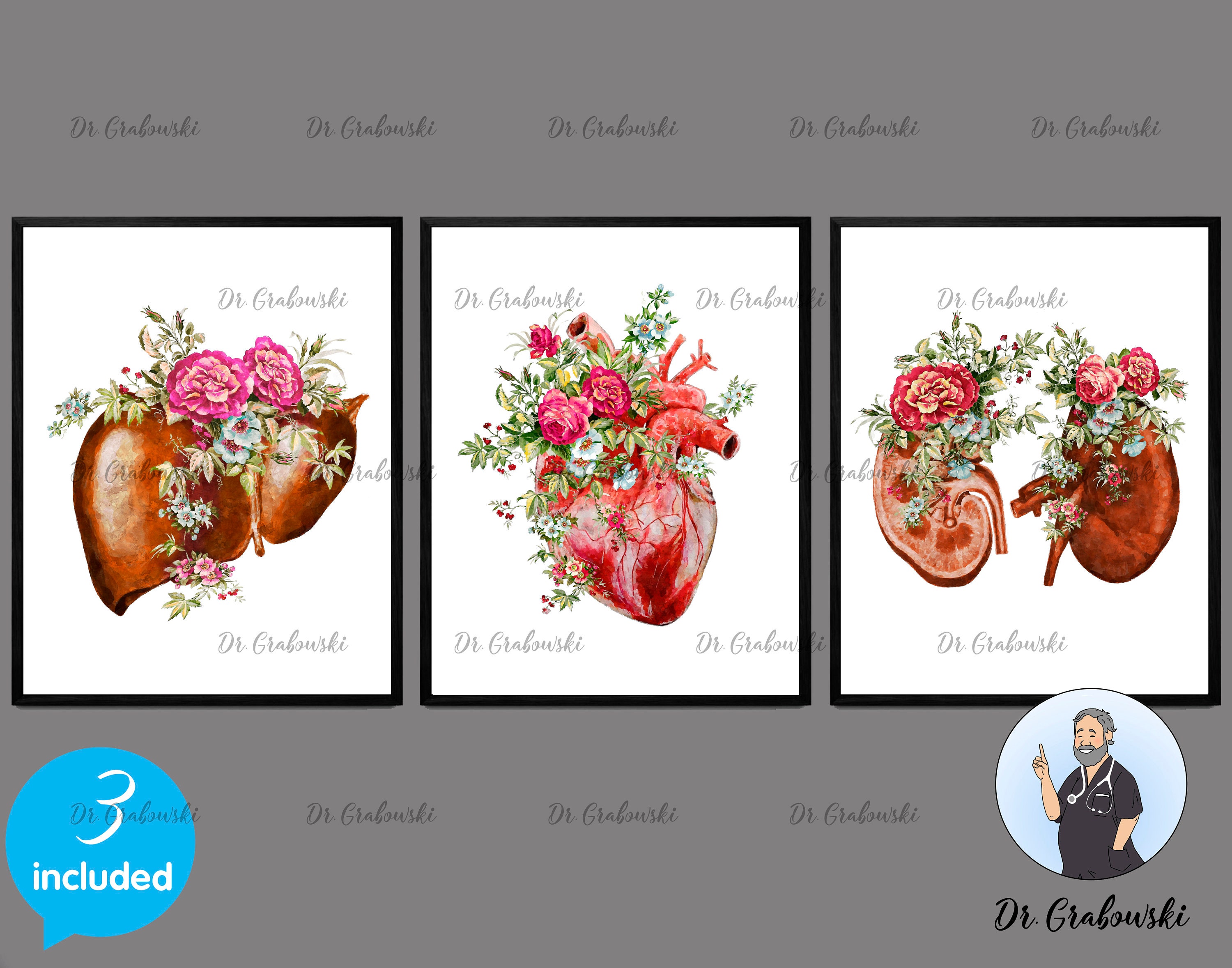 Human Internal Organs Print Floral Anatomy Art Heart and | Etsy