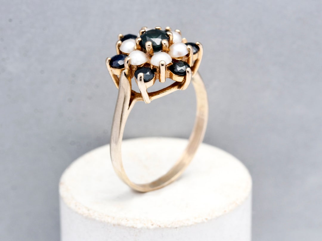 9ct Yellow Gold Sapphire and Pearl Ring - Etsy