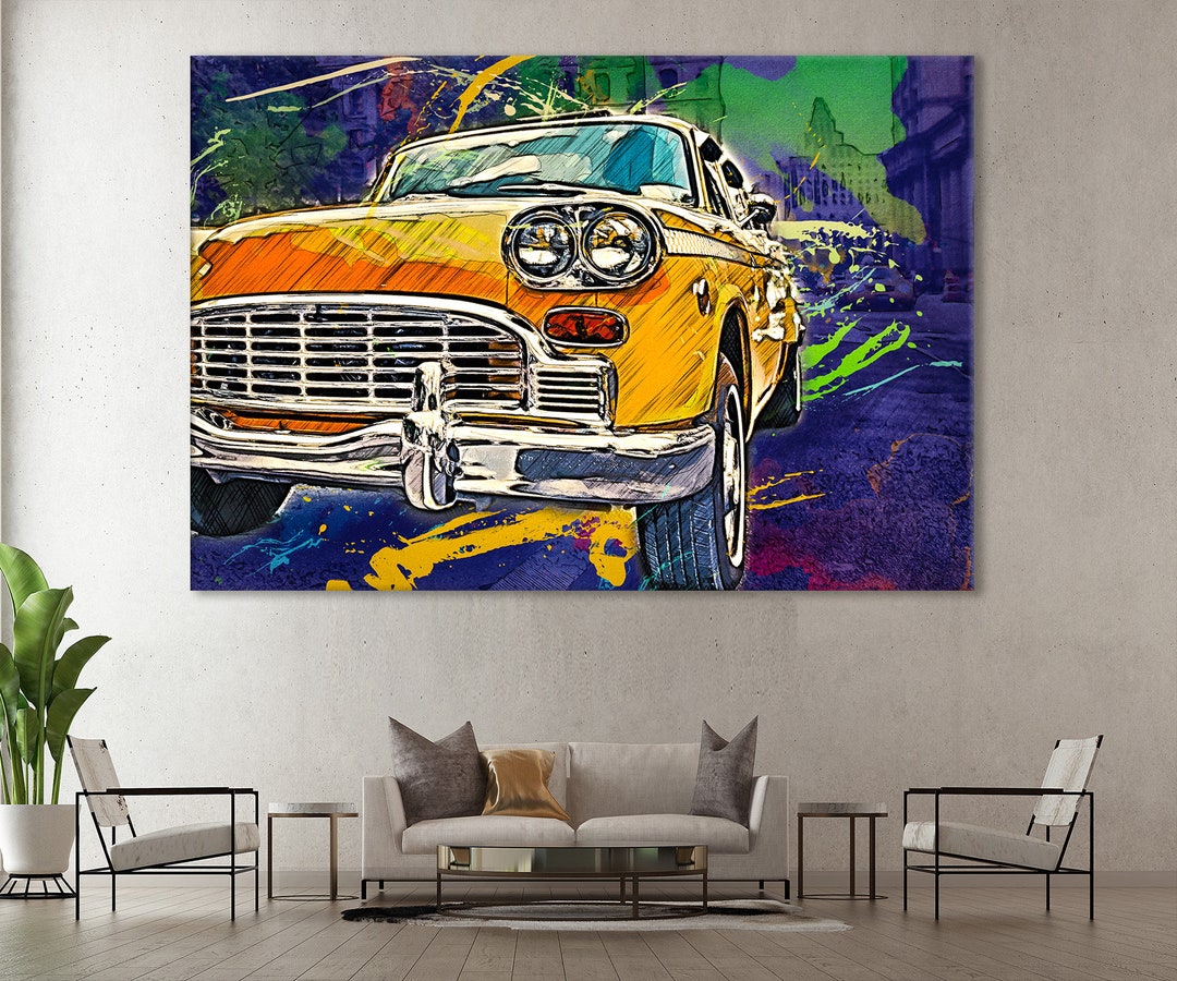 Retro Taxi Canvas Art: Colorful Cab Wall Decor - Etsy