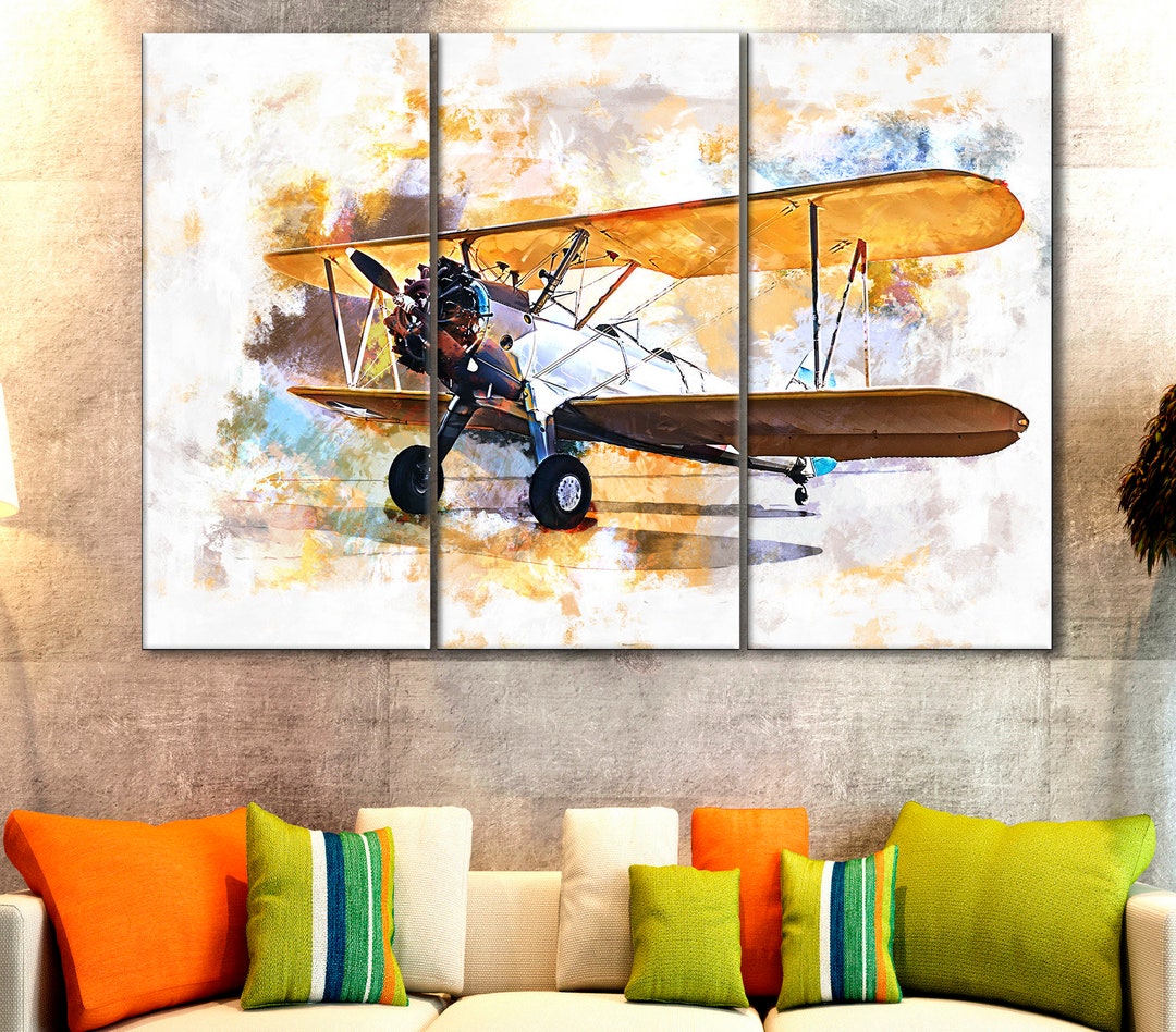 Biplane Canvas, Boeing Stearman E75 Wall Art, Aviation Print, Airplane ...