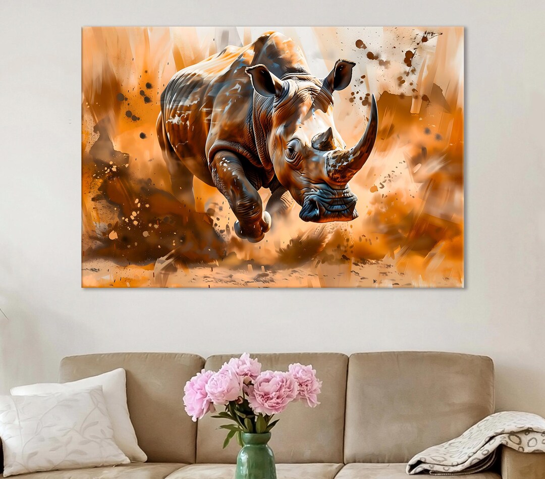 Rhinoceros Wall Decor, Art for Home Living Room, Rhino Painting ...