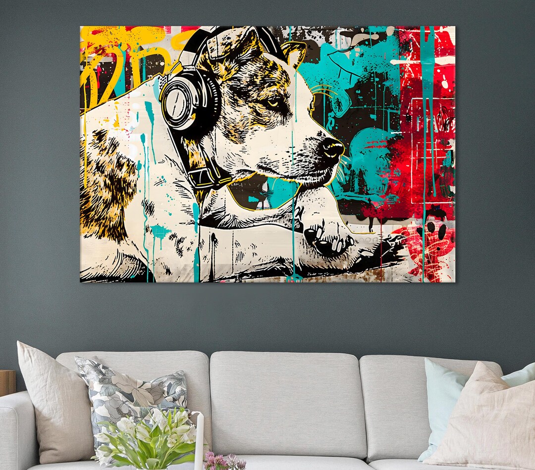 Dog in Headphones Urban Art, Dog Street Art, Dog in Graffiti Style Home ...