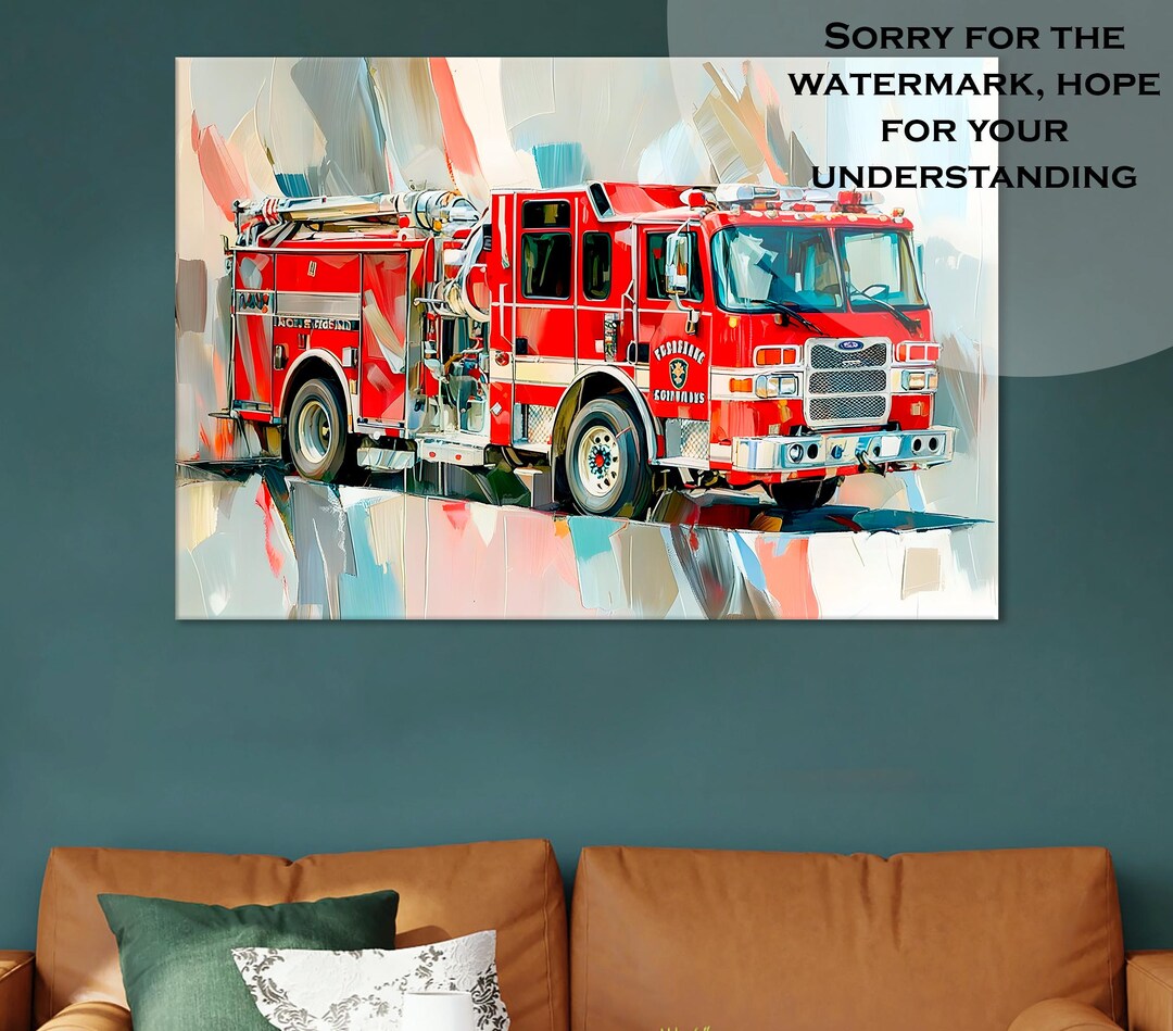 Fire Truck Wall Art, Firefighters Canvas & Poster, Kids Room Decor ...