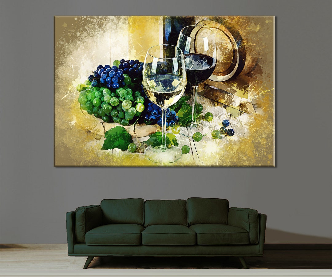 Wine Canvas, Kitchen Room Decor, Grapes Painting, Restaraunt Wall Art ...
