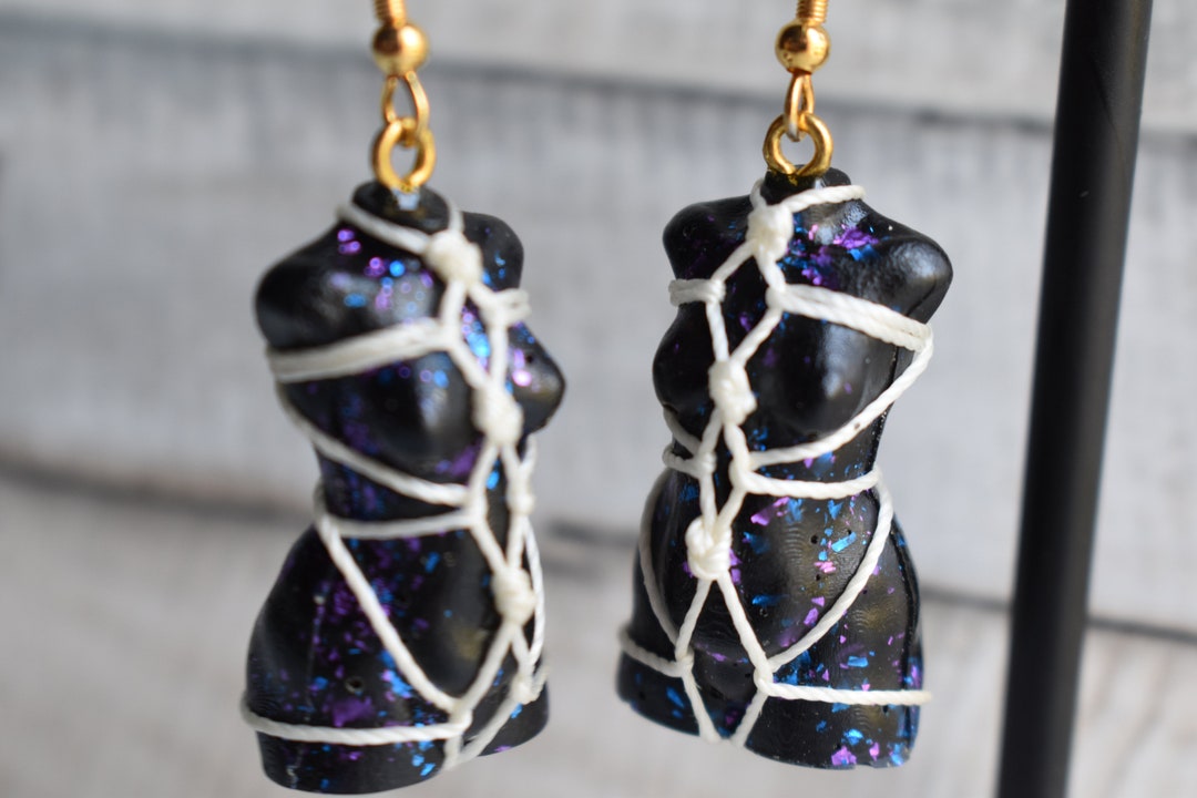 Shibari Goddess Hebe Black & Galaxy Flakes Dangle Earrings With White ...