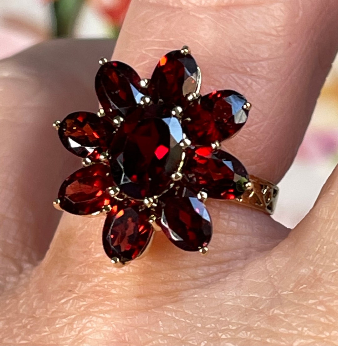 Garnet Ring 14k Gold Vintage Natural Earth Mined Red Garnet Flower ...