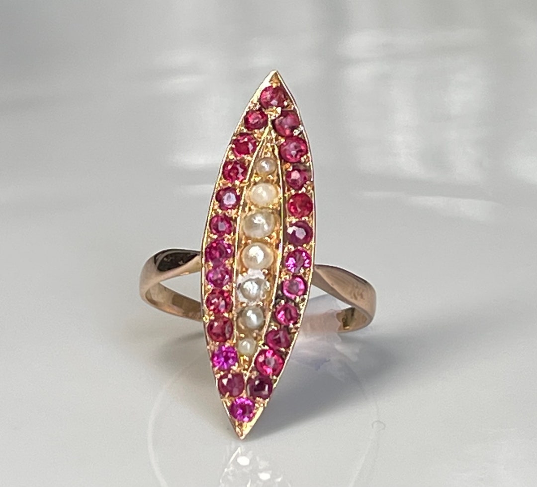 Ruby Ring 18K Victorian Natural Ruby Ring 750 Ruby Genuine Seed Pearl ...