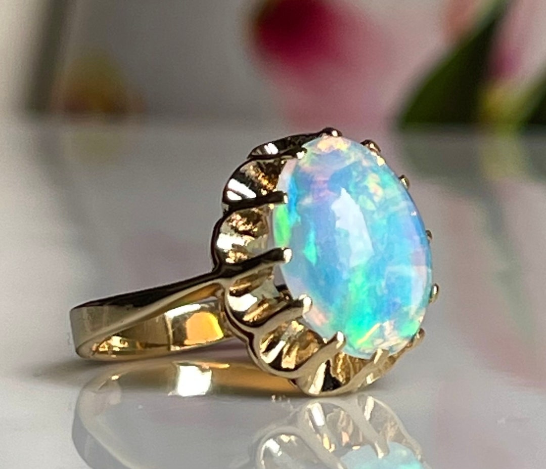 Opal Ring 14K Gold Stunning Genuine Natural Opal Engagement Ring 14K ...