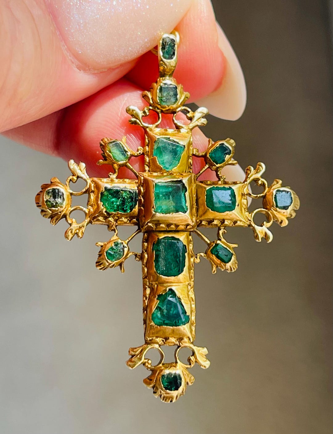 Emerald Cross 1700 18K Antique Italian Emerald Table Cut Cross Pendant ...
