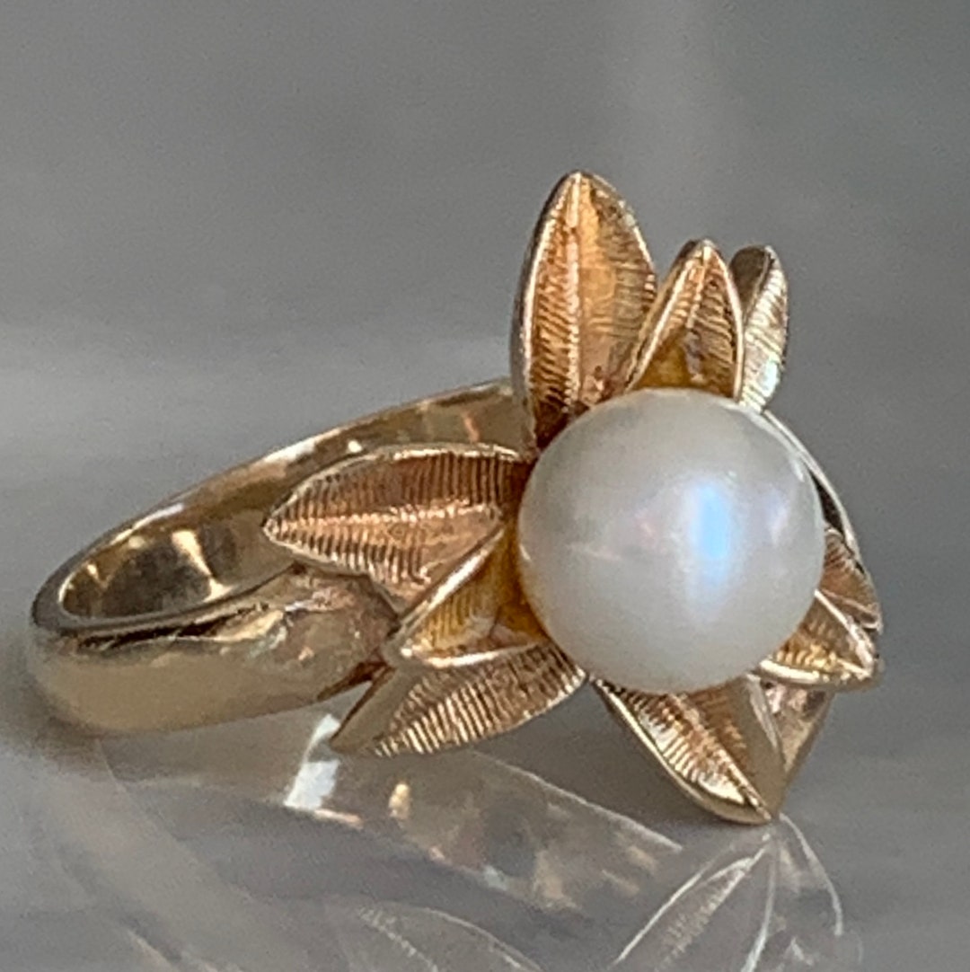 Pearl Ring Mid-century Modern Pearl Ring Pearl Engagement Ring 14K Palm ...