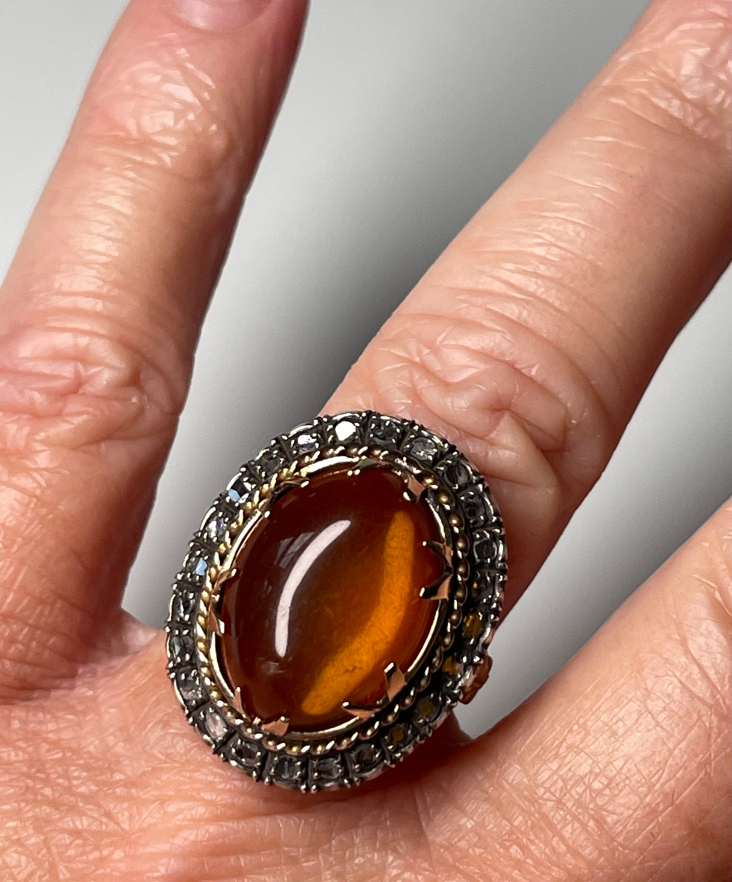 Amber Ring 18k Rose Cut Diamond Ring Victorian 1800s Amber Engagement ...