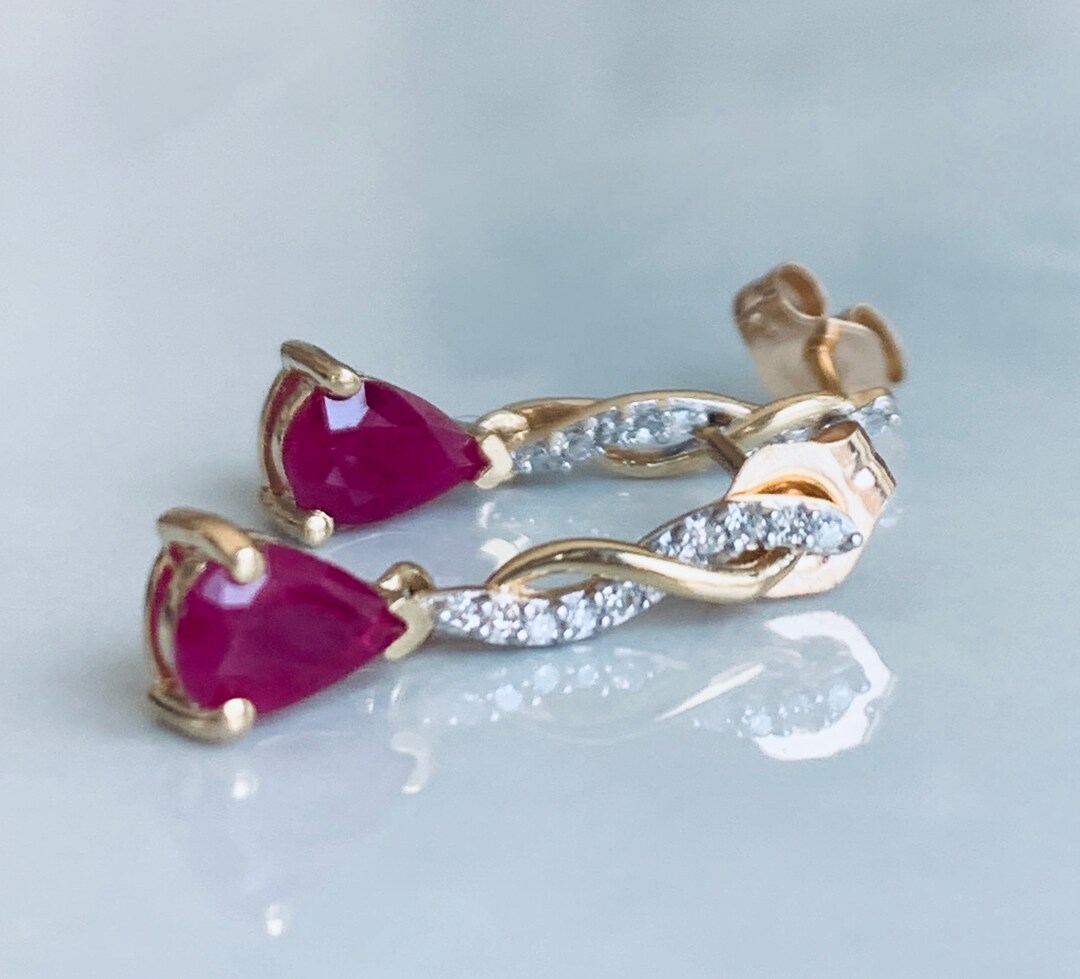 Ruby Earrings 14k Yellow Gold Diamond Natural Ruby Dangle Earrings for ...
