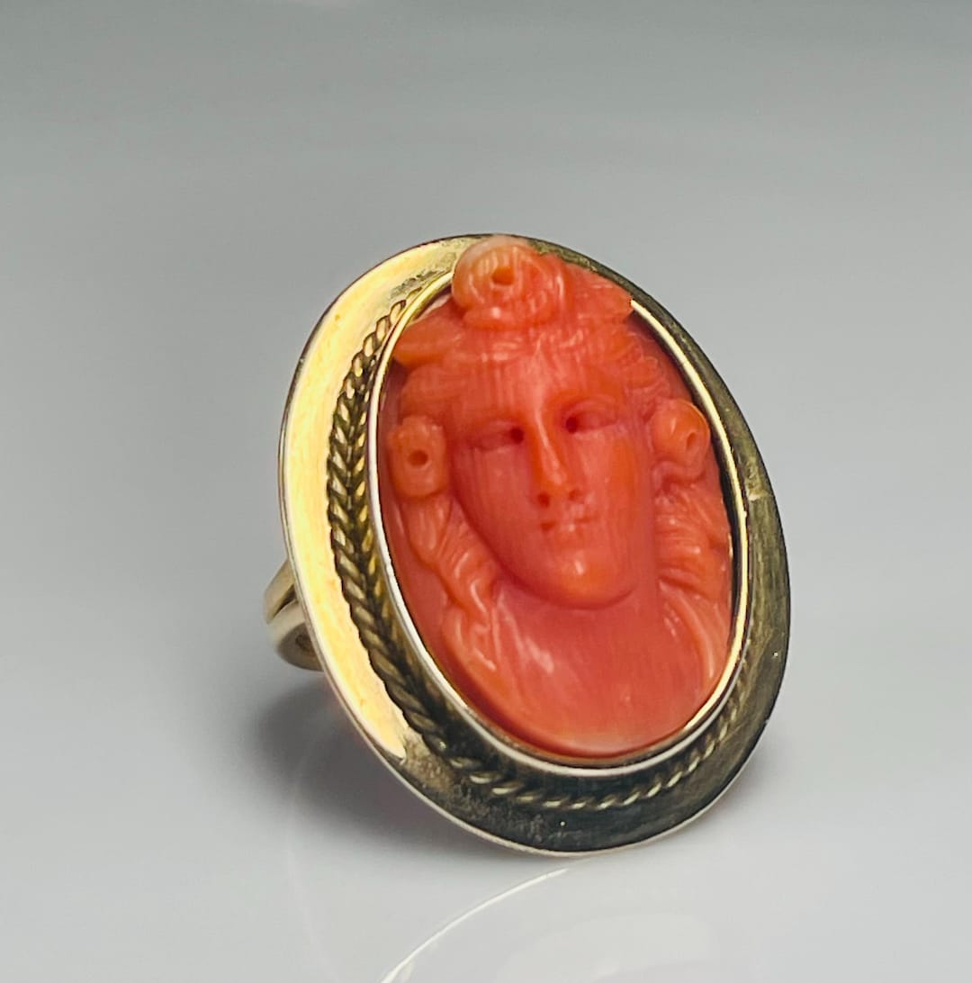 Coral Cameo Ring Antique Sicilian 14K Gold Hand Carved Italian Cameo ...