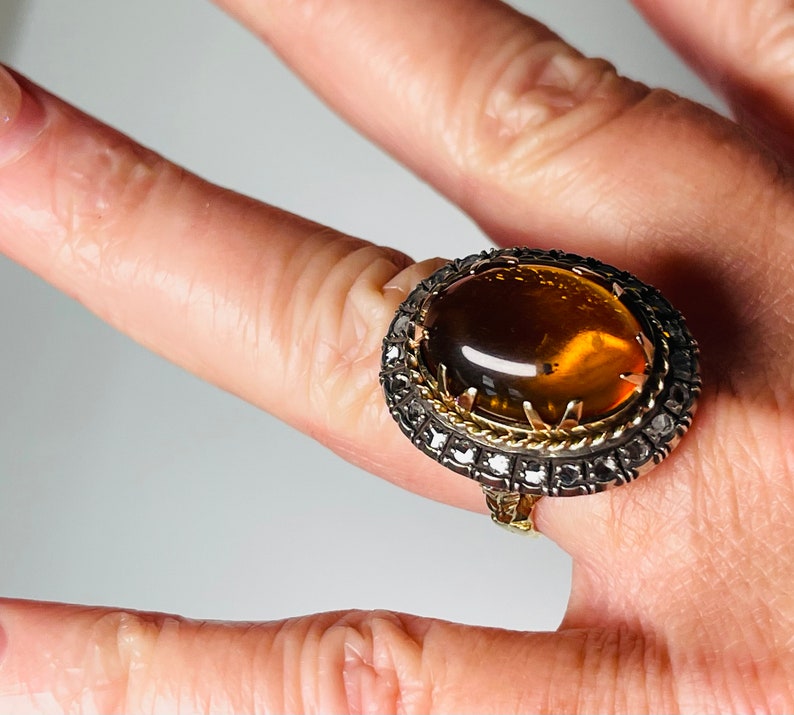Amber Ring 18k Rose Cut Diamond Ring Victorian 1800s Amber Engagement ...