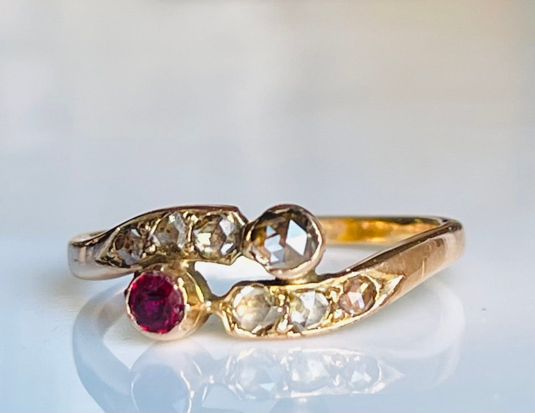 Antique Dutch Rose Cut Diamond Natural Ruby Ring 22K Rose Gold Diamond ...
