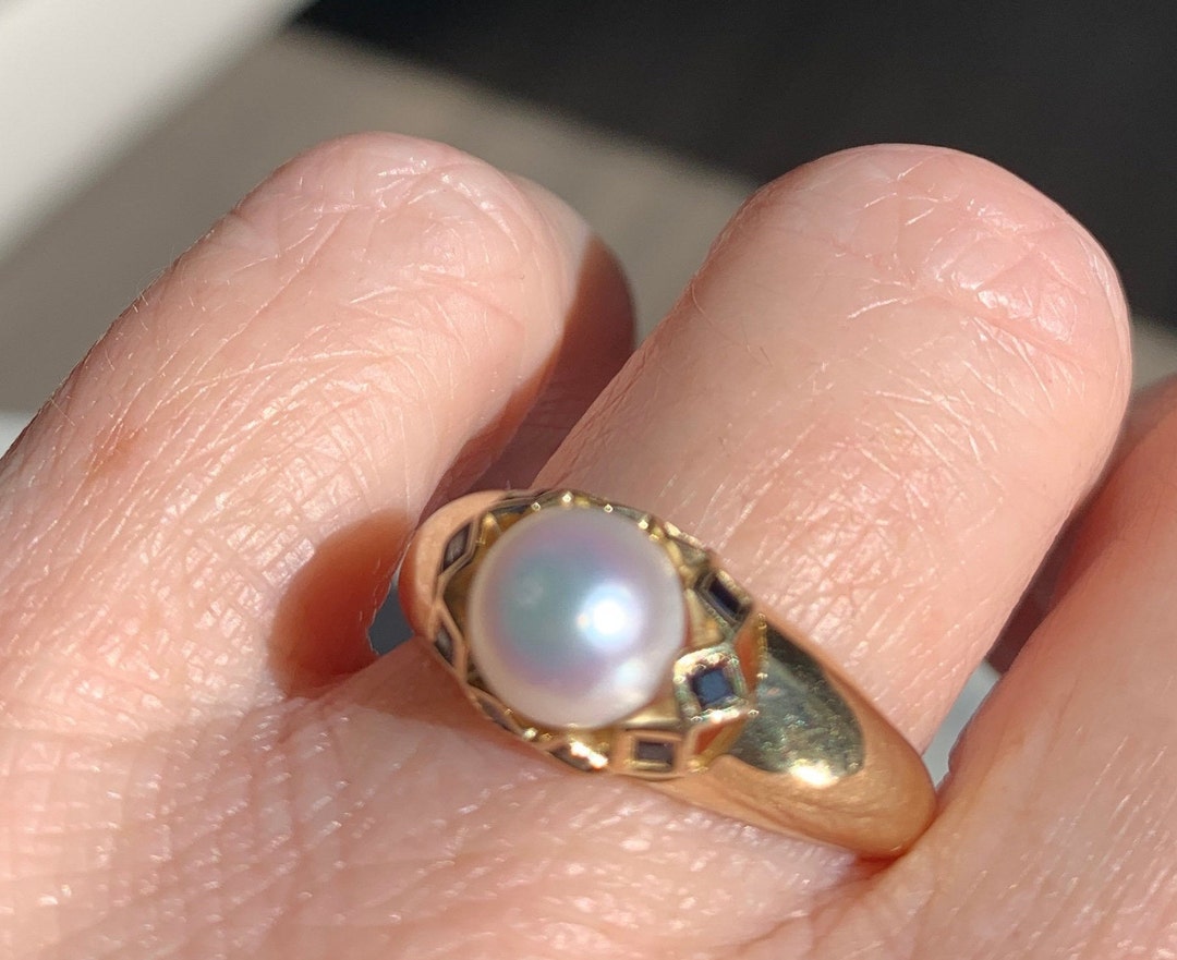 Mikimoto Anillo Perla Zafiro Perla Anillo de compromiso 14K Vintage ...