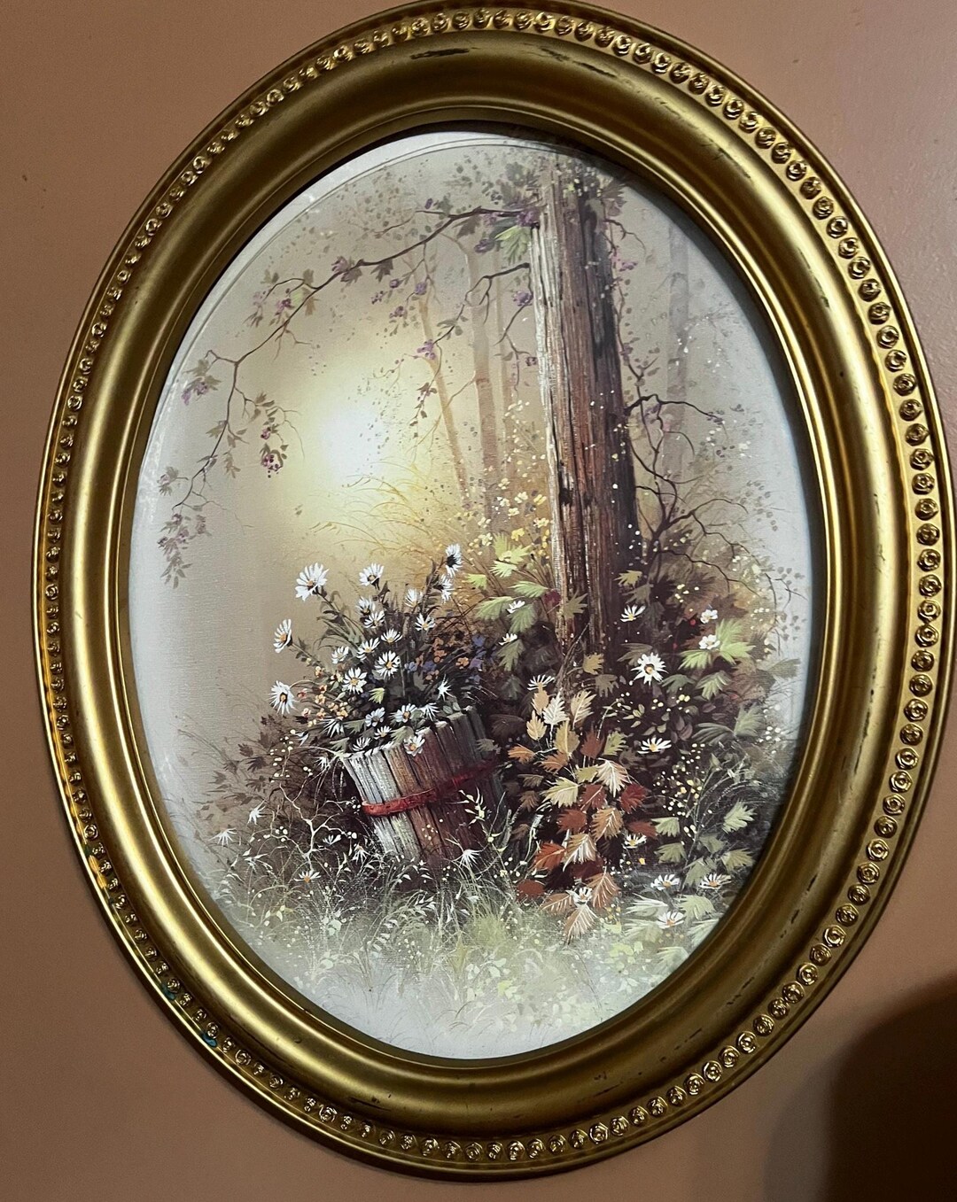 Large Oval Vintage 1970s Cottagecore Framed Print - Serene Outdoor ...