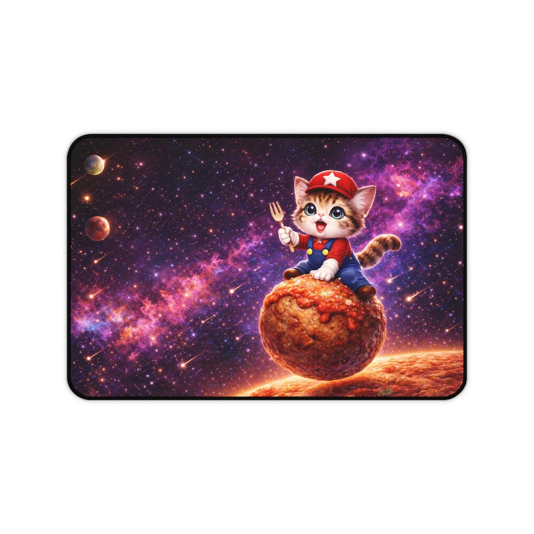 Space Cat Eating Meatball Desk Mat | Cosmic Kitty Mouse Pad - Etsy