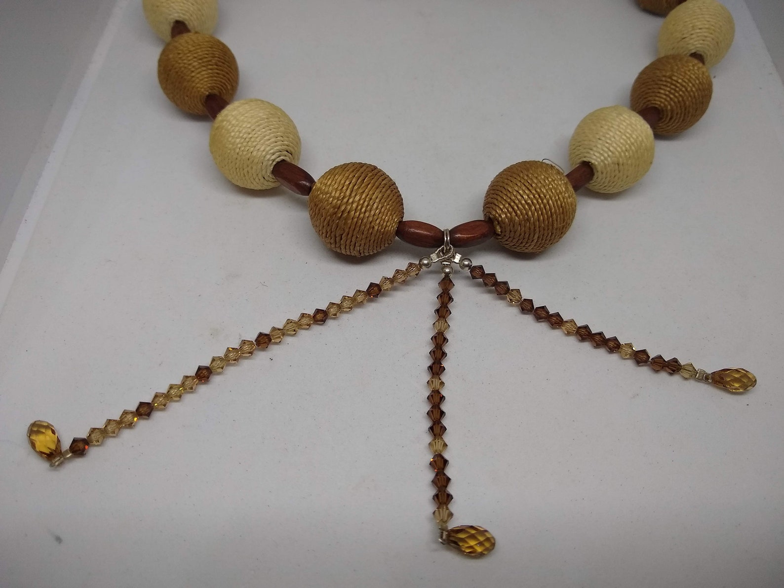 Abaca String Coiled Round Wooden Bead Necklace With Swarovski - Etsy