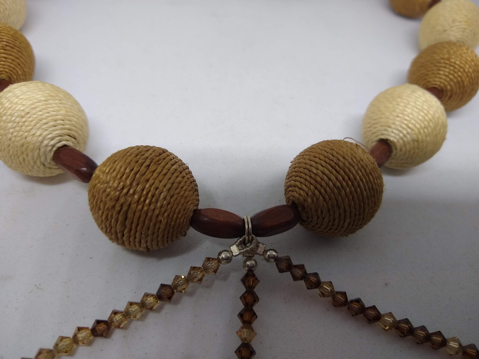 Abaca String Coiled Round Wooden Bead Necklace With Crystals | Etsy