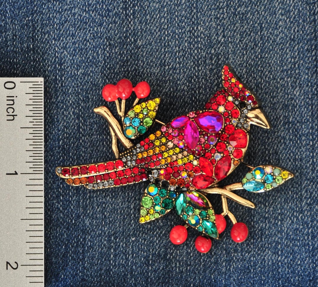 Cardinal Pin Brooch STUNNING Rhinestones Lapel Hat Scarf Denim Jacket ...