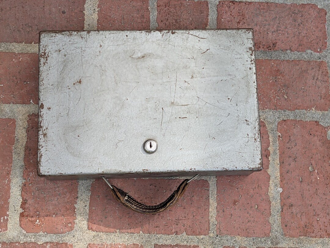 Vintage Metal Lock Box With Key Leather Handle Heavy Workman's Case ...