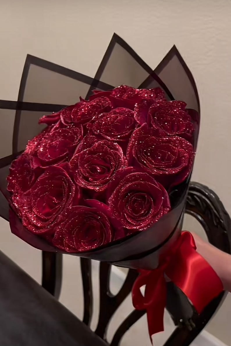 Artificial Handmade Red Glitter Rose Bouquet - Etsy
