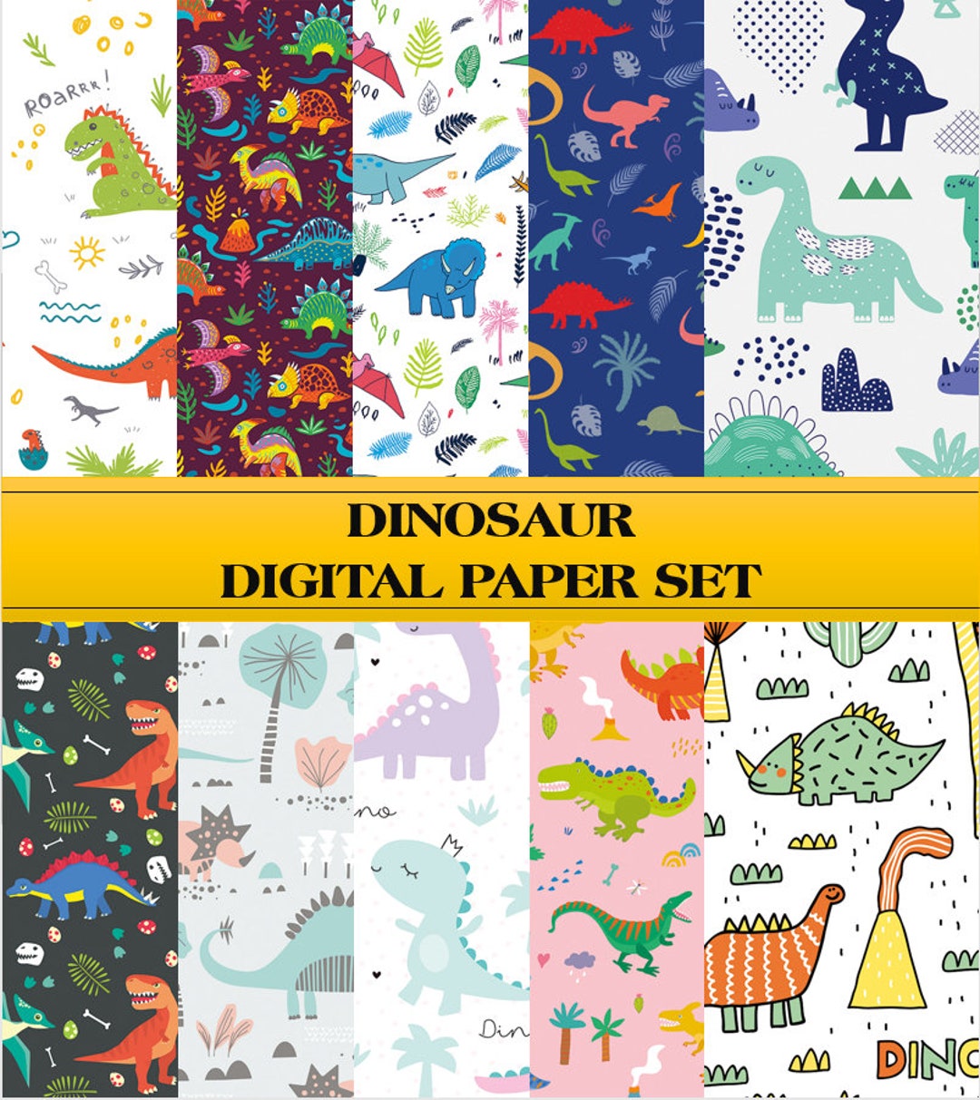 Dinosaur Digital Paper Pack, Tyrannosaurs Rex, Stegosaurus, Triceratops ...