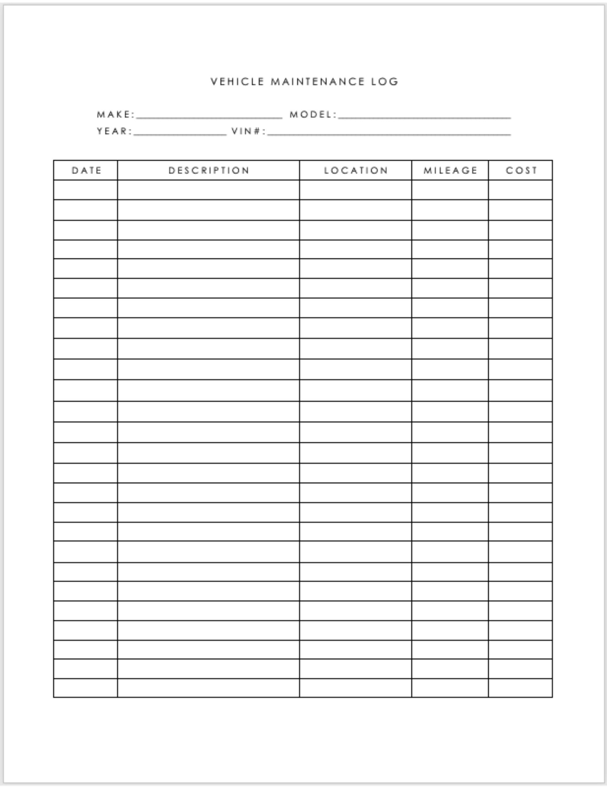 Minimalist Vehicle Maintenance Log, Downloadable Vehicle Maintenance ...