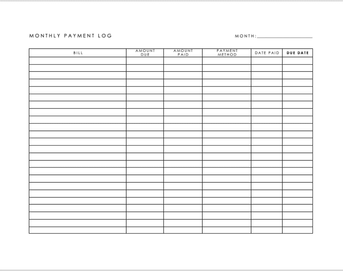 Minimalist Monthly Payment Log, Downloadable Bill Payment Tracker ...