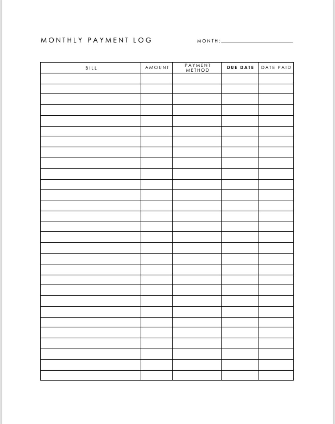 Minimalist Monthly Payment Log, Downloadable Bill Payment Tracker ...