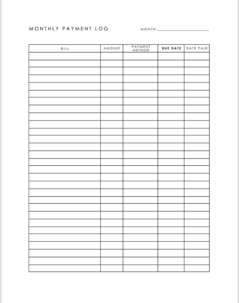 Minimalist Monthly Payment Log, Downloadable Bill Payment Tracker ...