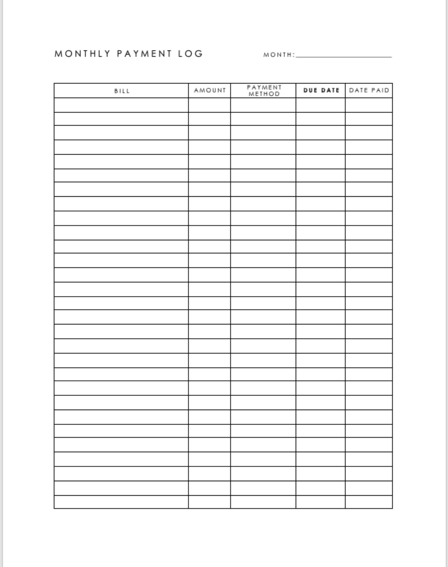 Minimalist Monthly Payment Log, Downloadable Bill Payment Tracker ...