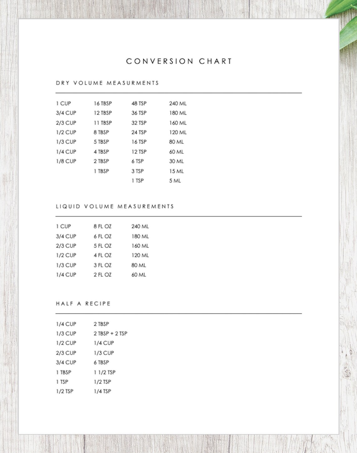 Minimalist Recipe Conversion Chart, Downloadable Recipe Conversion ...
