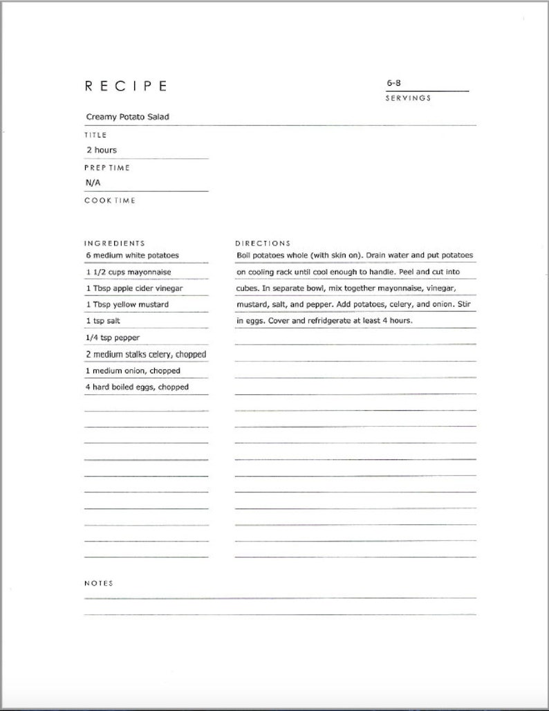 Minimalist Fillable Recipe Card, Downloadable Recipe Template ...