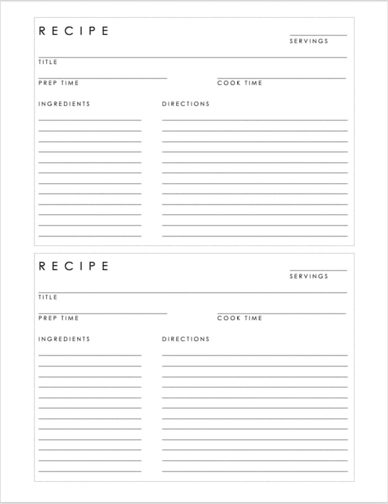 Minimalist Recipe Card 4x6 and 5x7, Downloadable Recipe Template ...