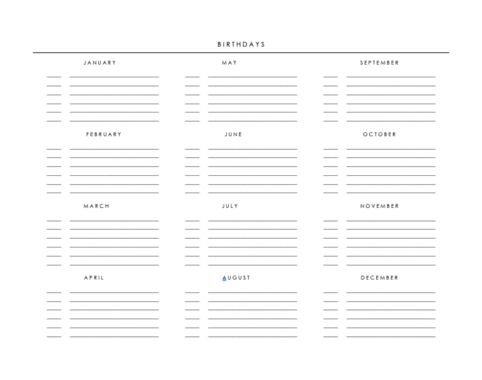 Minimalist Birthday Tracker, Downloadable Birthday Tracker, Printable ...