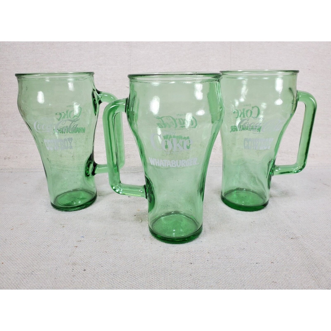 3 Coca-cola Whataburger Cowboy Green Glass Handle Set of 3 Mugs/glasses ...