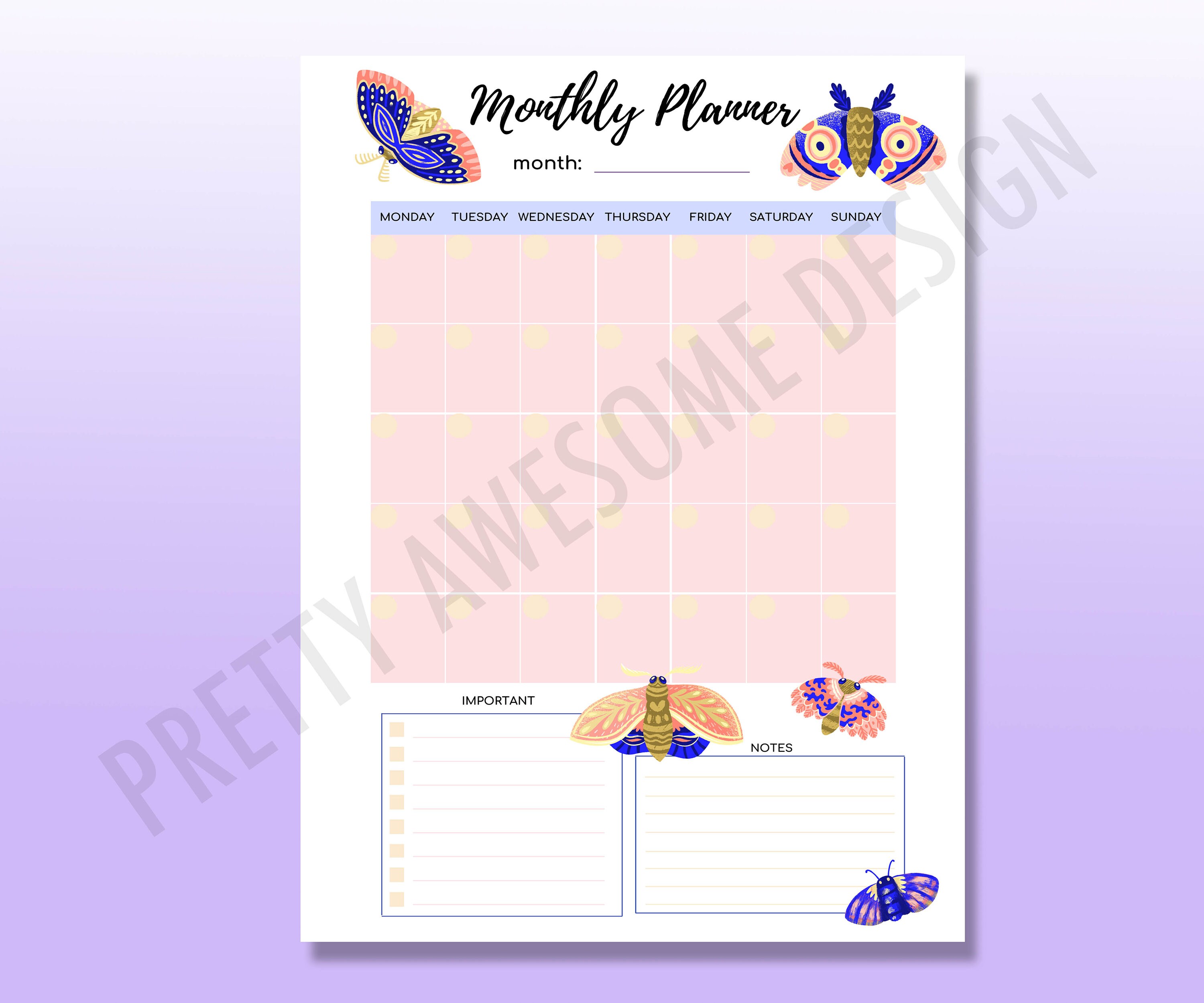 Moths Daily, Weekly and Monthly Planner Set, Printable A5 Planner ...