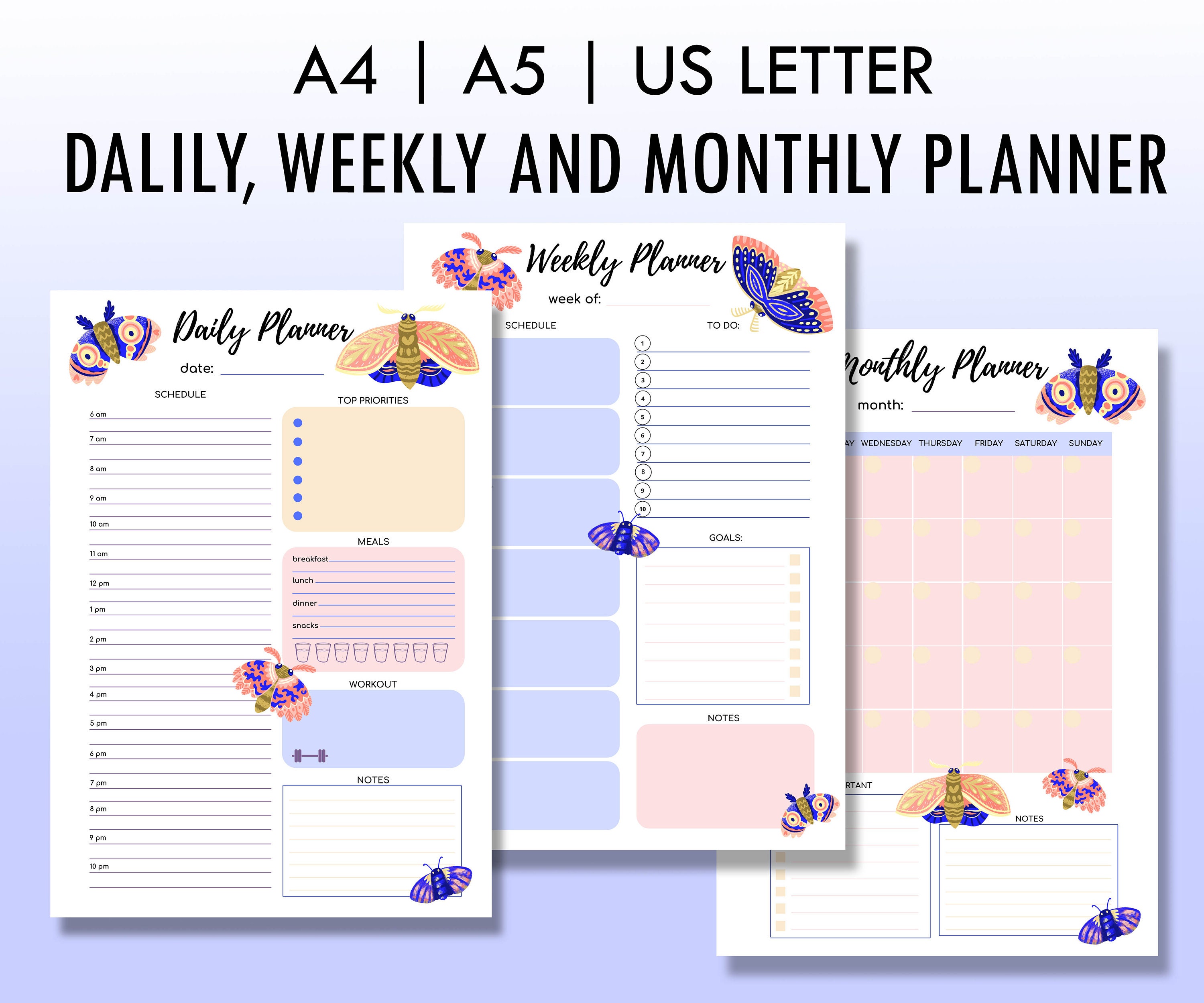 Moths Daily, Weekly and Monthly Planner Set, Printable A5 Planner ...