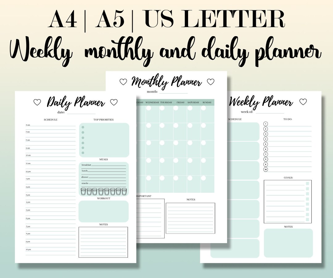 Mint Green Daily, Weekly and Monthly Planner Set, Printable A5 Planner ...