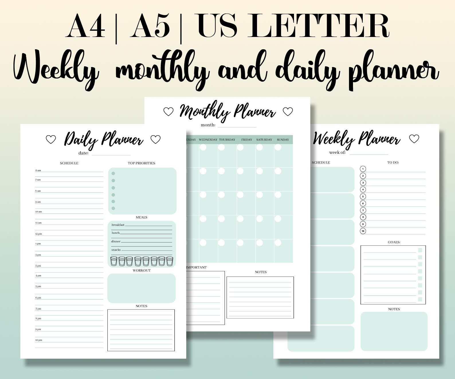 Mint Green Daily, Weekly and Monthly Planner Set, Printable A5 Planner ...