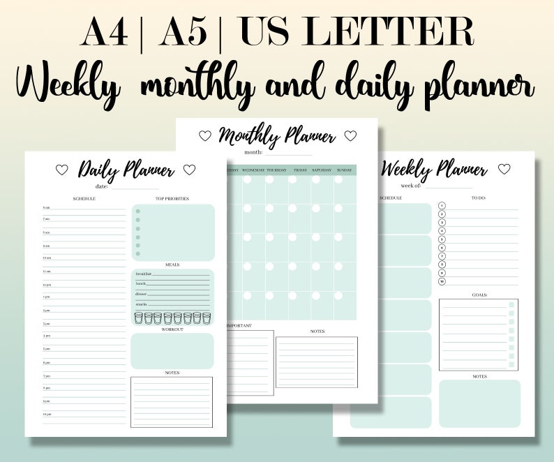 Mint Green Daily, Weekly and Monthly Planner Set, Printable A5 Planner ...